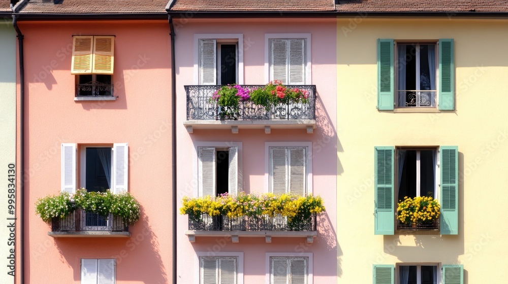 Bright pastel-colored buildings adorned with white windows and ...