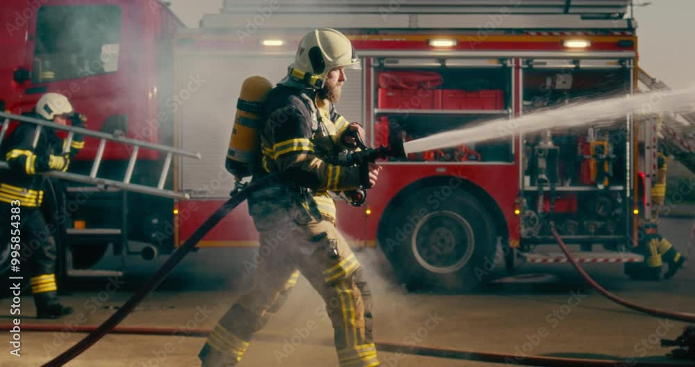 Caucasian Firefighter Sprays Water From His Hose, Extinguishing Flames ...