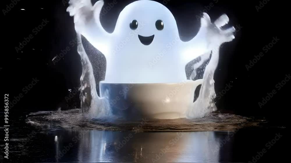 A cute ice ghost sitting playfully in a coffee cup, with a frosty ...