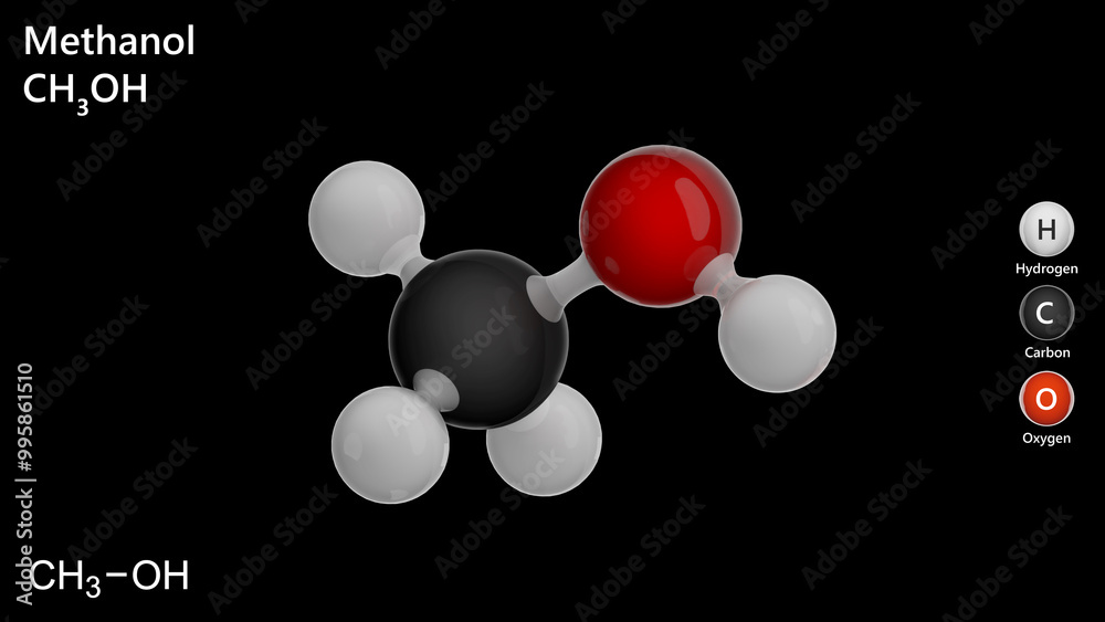 The 3D model of methanol molecule CH3OH (CH4O). Methanol appears as a colorless volatile liquid ...