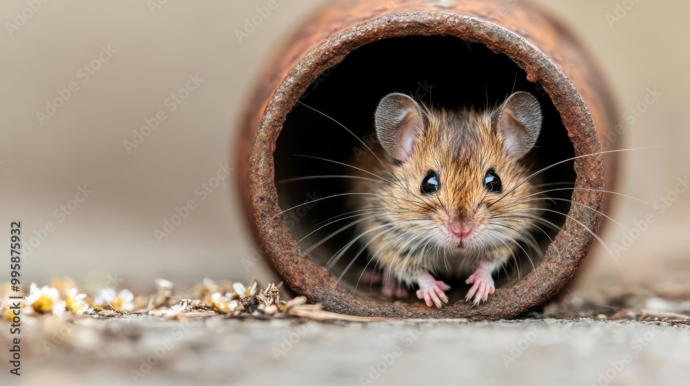 A tiny mouse cautiously peeks out from the end of a rusty tube, with ...