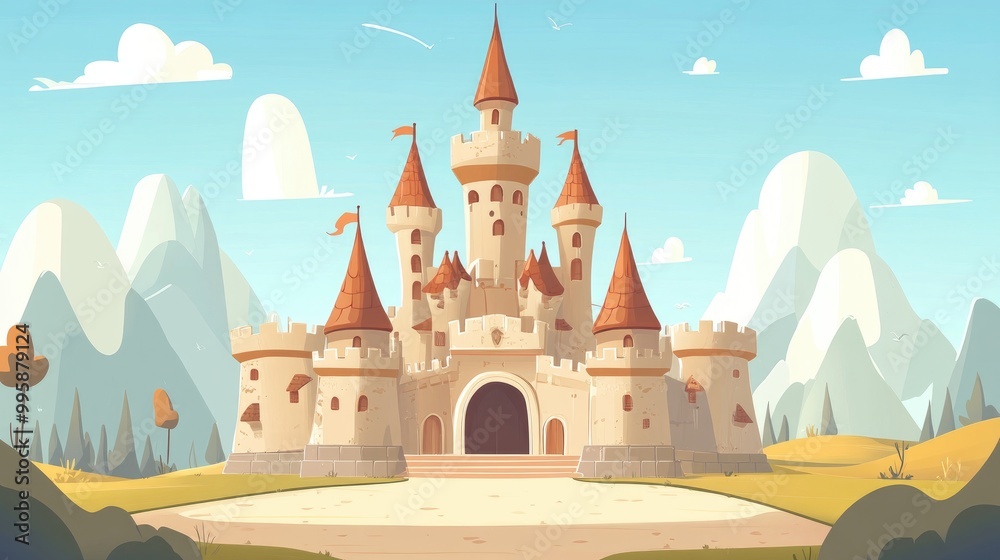 Fantasy castle icon in 2D cartoon style Filled flat design suitable for ...