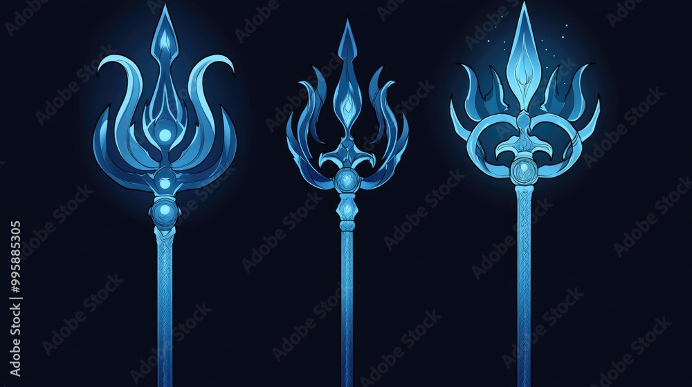 Fantasy trident and Poseidon symbol in a 2D cartoon outline design ...