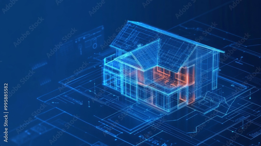 3d blueprint plan of smart home with icons IOT devices. Smart home ...