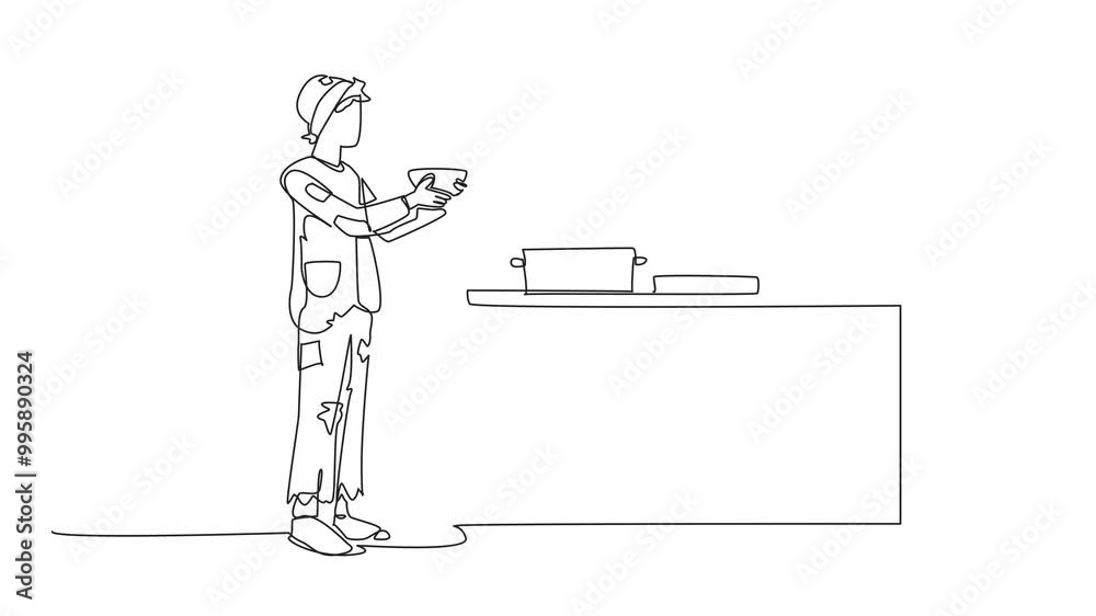 Animation of continuous one line drawing a man gives food to an old ...