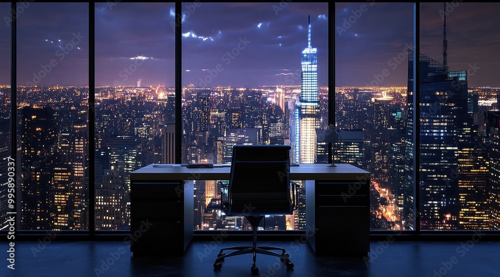 Beautiful view of New York from the window, the city lights at night, a ...