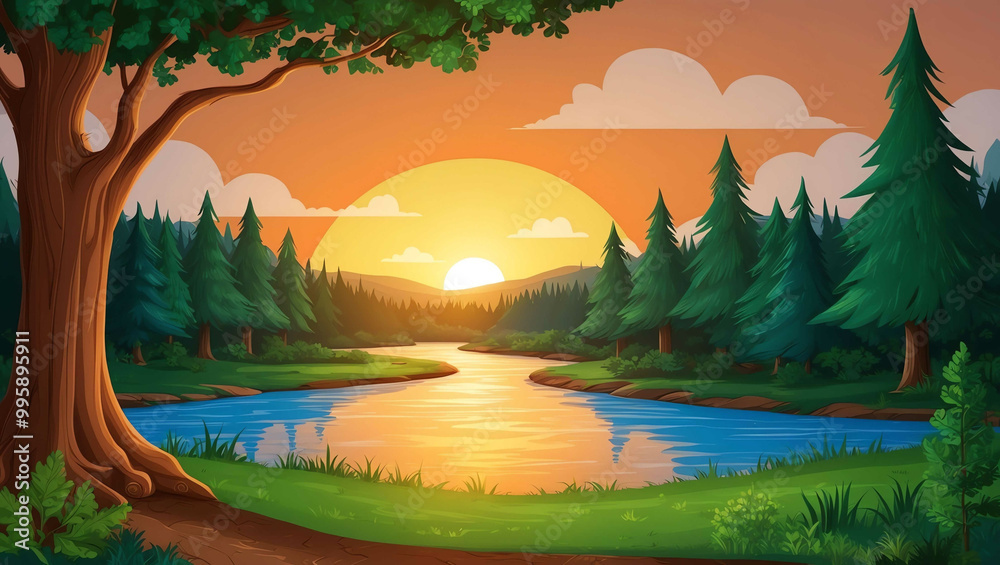 Cartoon sunset casting a warm glow on the forest with river background ...
