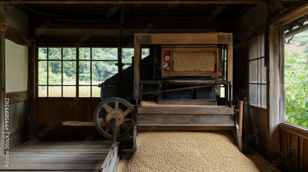 image showcases traditional rice drying machine, used for processing ...