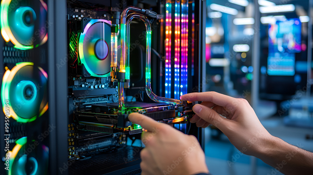 Hands carefully installing a custom cooling system in a computer. Stock ...