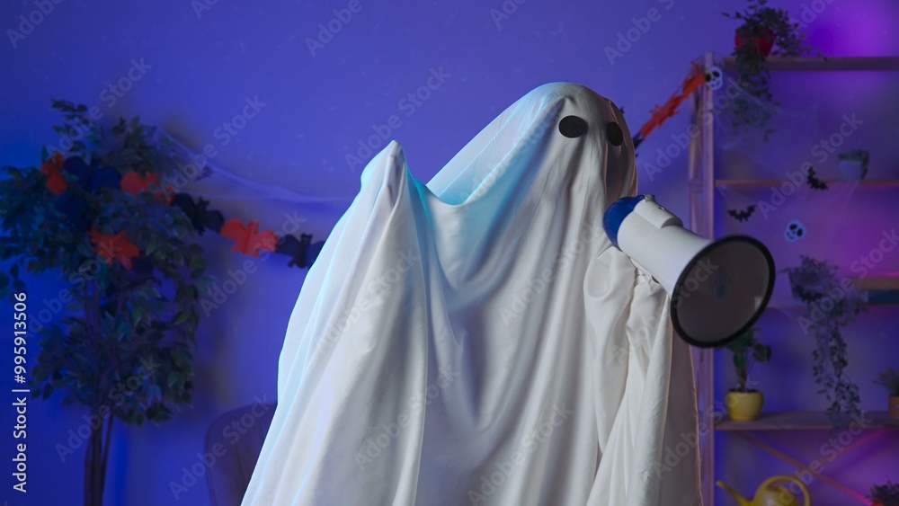 Funny halloween ghost in white sheet with black eyes in dark room ...