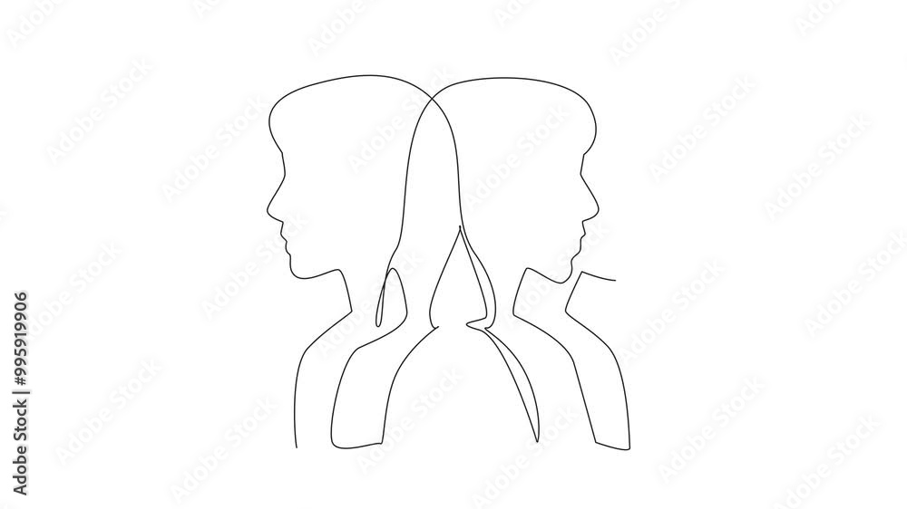 Animated self drawing of single one line drawing stacked female heads ...