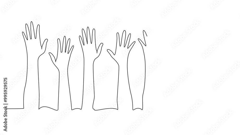 Animation of continuous one line drawing seven colorful hands raise ...