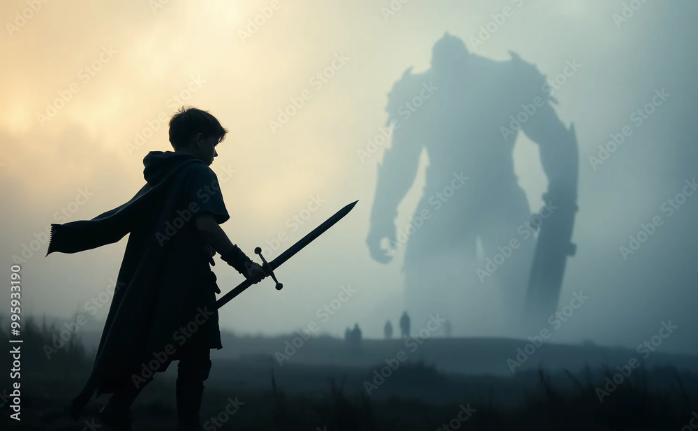 Watercolor illustration David and Goliath Bible story of a young ...