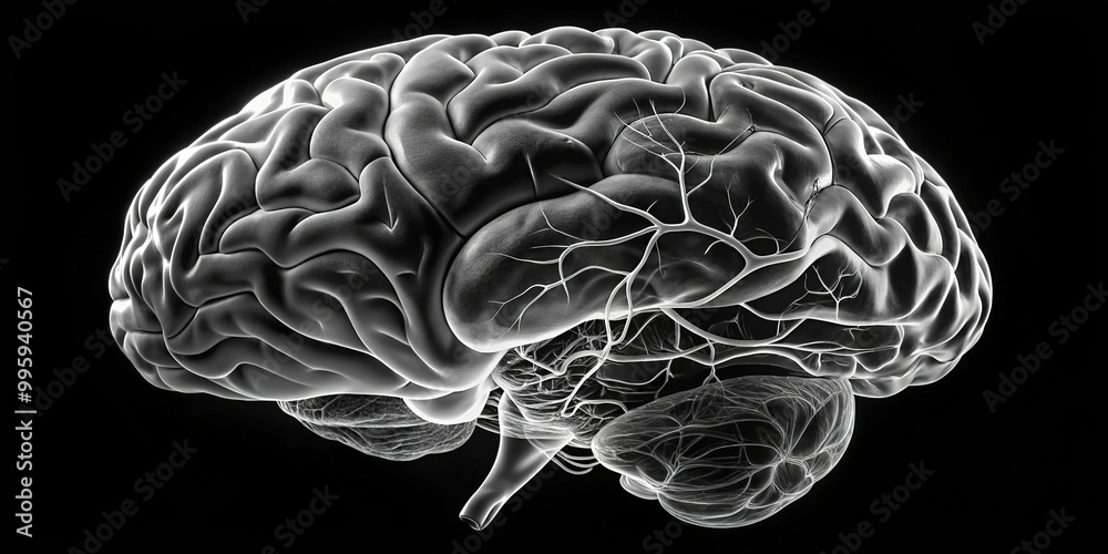 A high-contrast grayscale illustration of a brain's internal structure ...