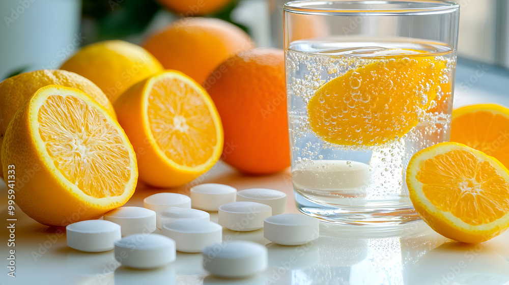 A collection of vitamin C effervescent tablets dissolving in sparkling ...