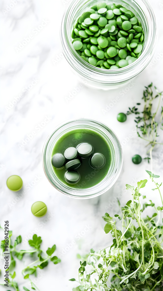Chlorella tablets rest in a clear jar atop a marble surface surrounded ...