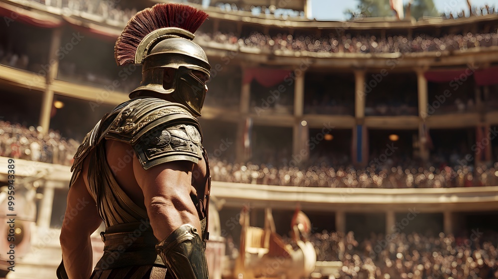7. An ancient gladiator in full armor, ready to fight in a grand arena ...
