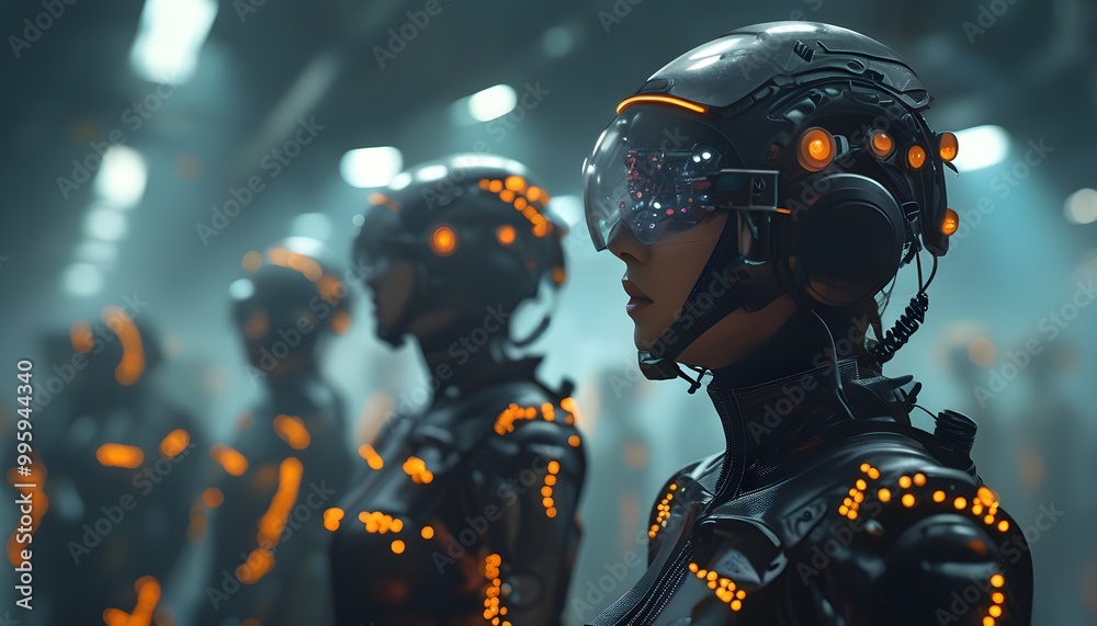 Ethereal raver in techwear ambiance, hazy factory backdrop illuminated ...