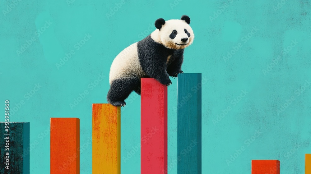 Panda bear scaling colorful bar charts, representing the concept of ...