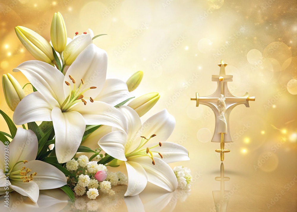 Delicate white lilies and golden cross adorn a soft, pastel-hued ...