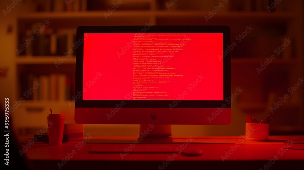 Computer screen showing red ransomware warning message in home office ...