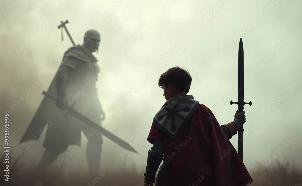 Hazy illustration David and Goliath. Bible story of young Shepherd boy ...