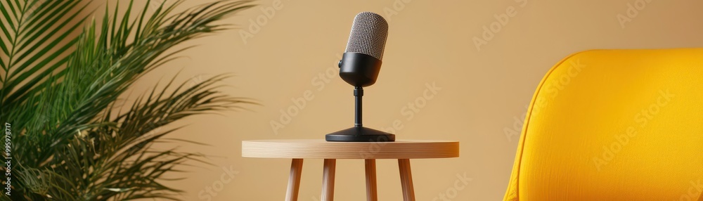 Elegant microphone on a simple table, ready for recording in a cozy ...