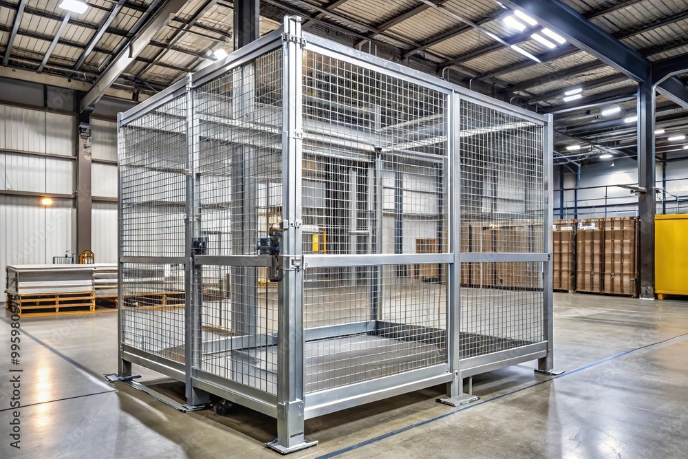 Heavy-duty metal cage with reinforced bars, hinged door, and stacking ...