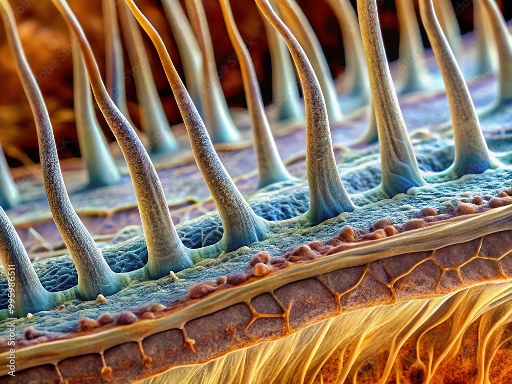 Microscopic view of human hair shaft revealing the cuticle layer, a ...