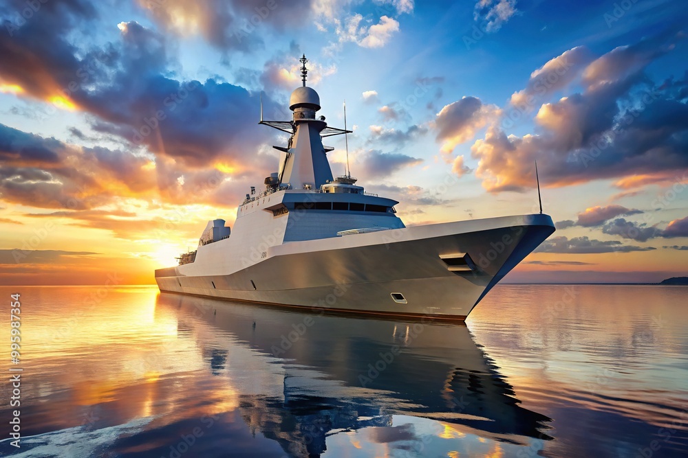 On calm waters, a sleek warship stands majestically, its angular shape ...