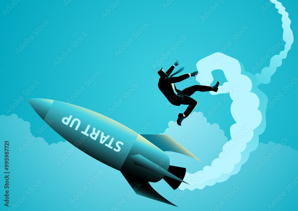 Businessman falls from the sky with his broken startup rocket, concepts ...