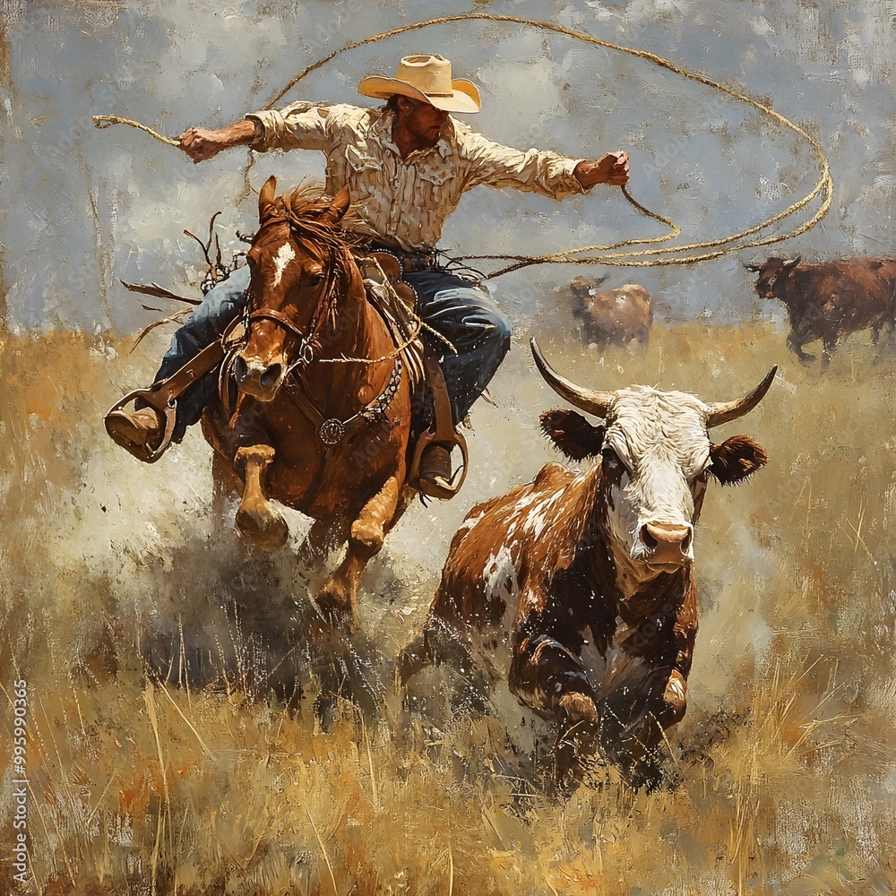 20. A cowboy on horseback, lassoing a wild steer, muscles tense with ...