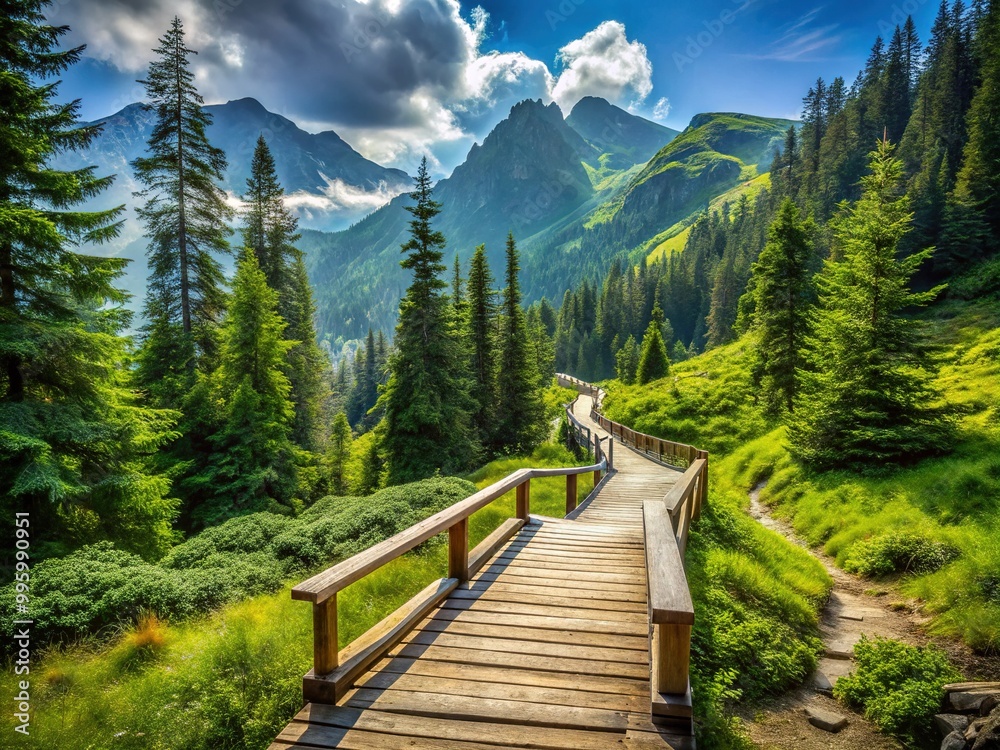 Scenic mountainous terrain with wooden walkways and rustic signs ...