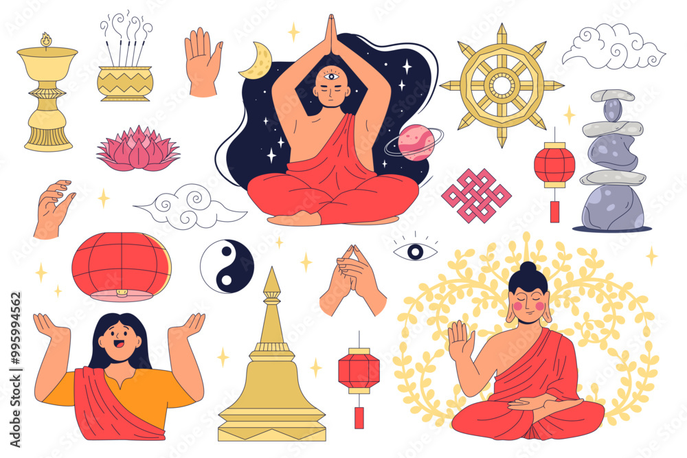 Set of Buddhist philosophy. Dharma wheel, hands in mudra gestures, man ...
