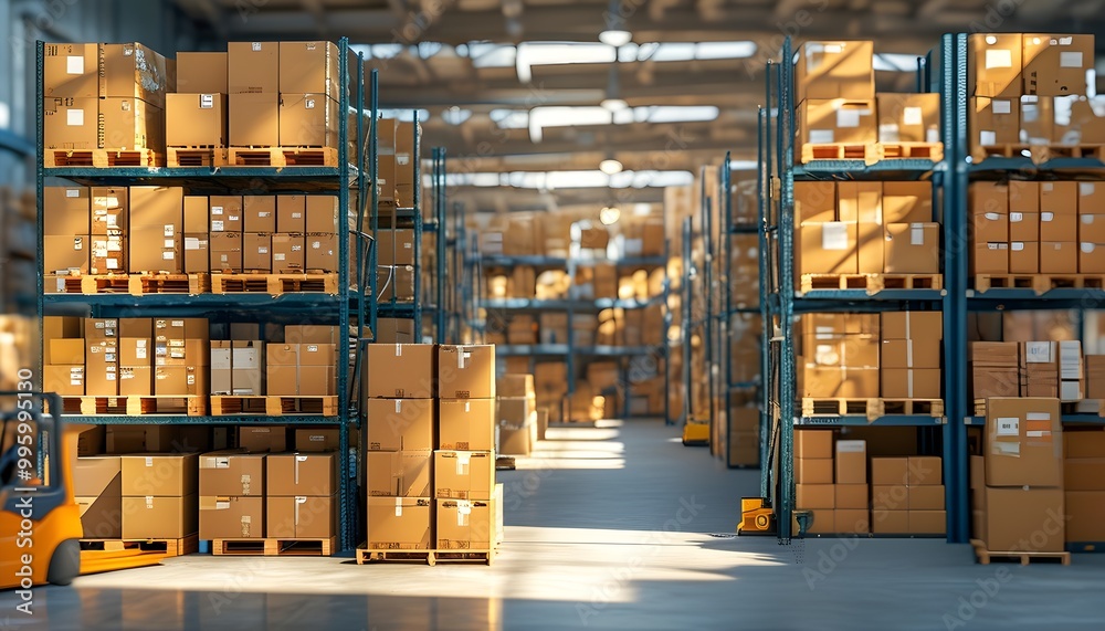 Sunlit retail warehouse filled with shelving units of goods, pallets ...