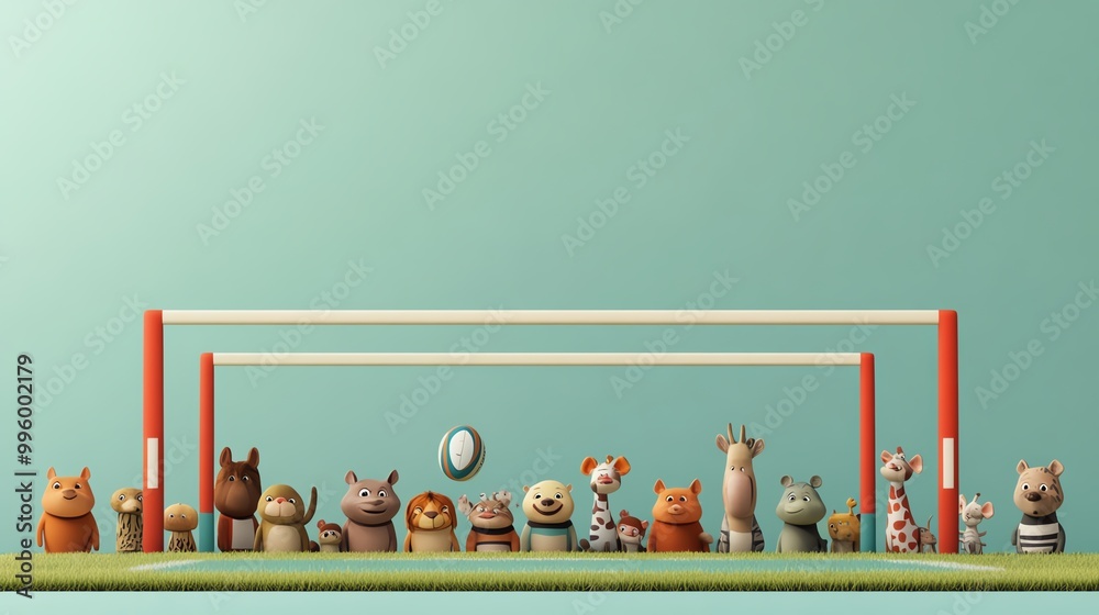 9 Design a cartoon rugby field with exaggerated goalposts and a lively ...