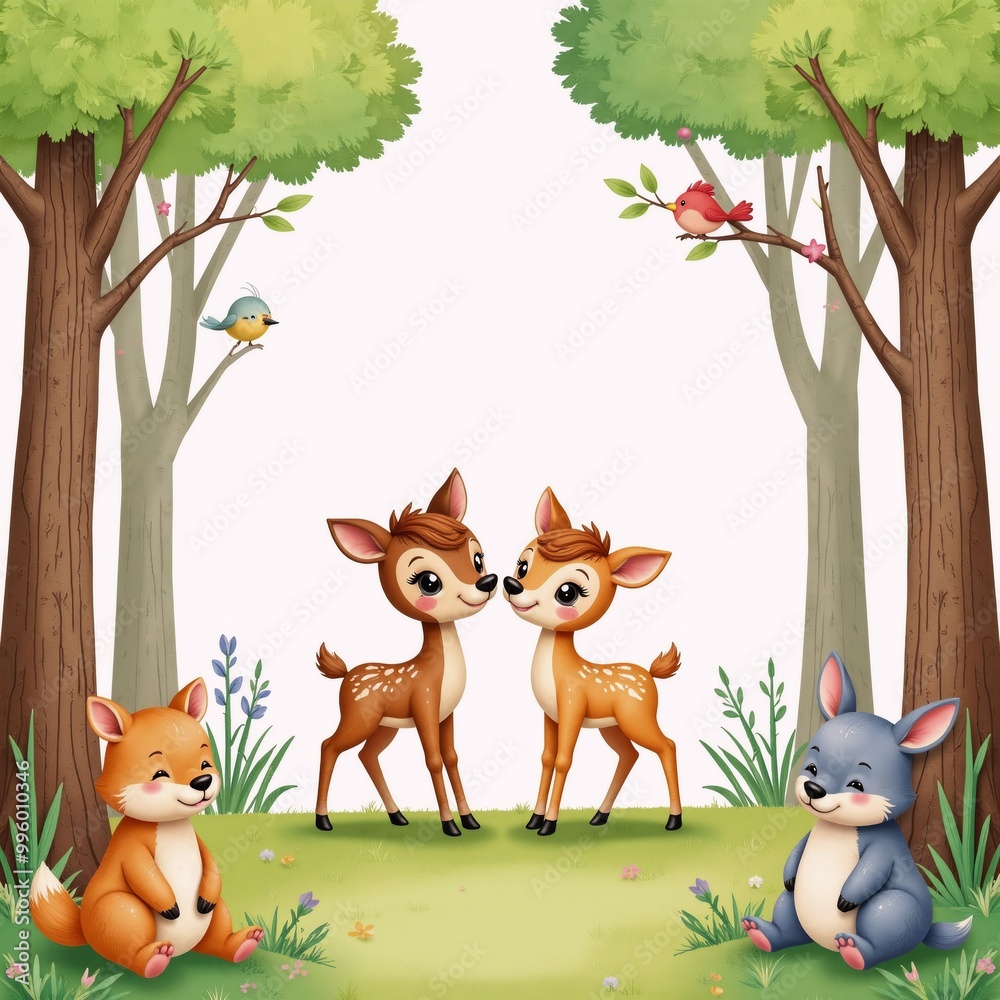 Woodland Cartoon Animals Watercolor Illustration Template A pre-made ...