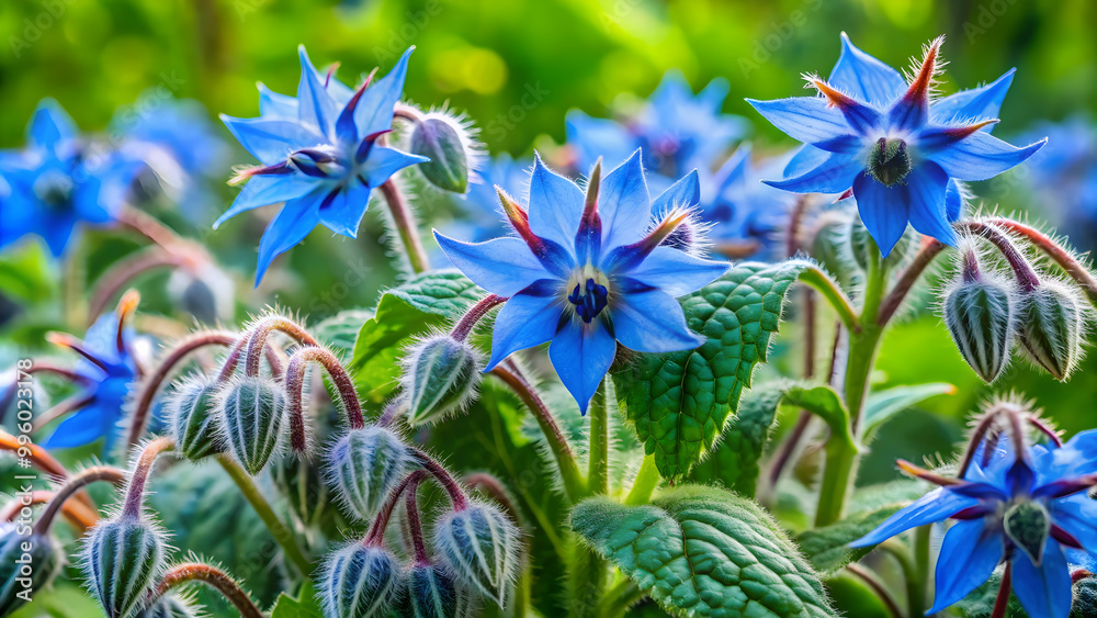 Bright blue edible flowers of Borago officinalis plant in full bloom ...