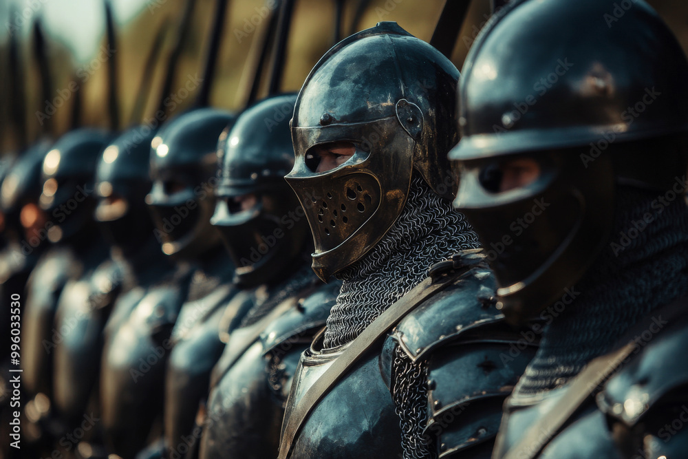 Medieval knights army in full armor standing in formation ready for battle. Warrior on ...