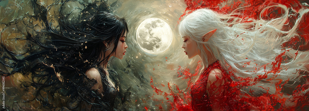 Battle scene between two female demon soldiers, in an anime style ...