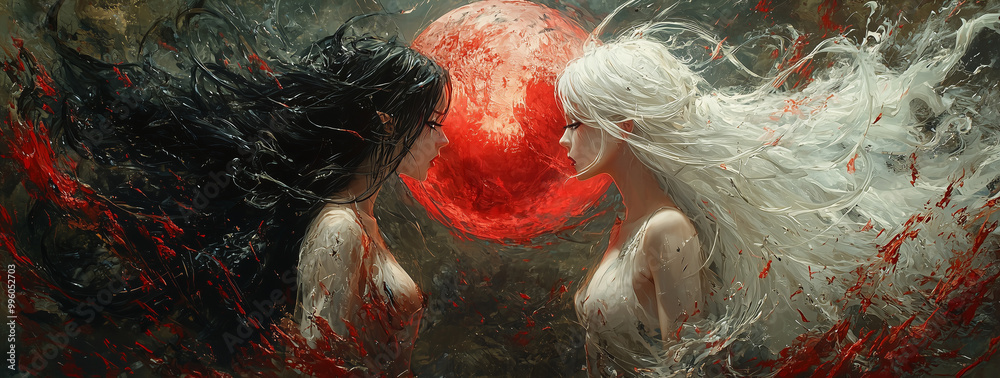 Battle scene between two female demon soldiers, in an anime style ...