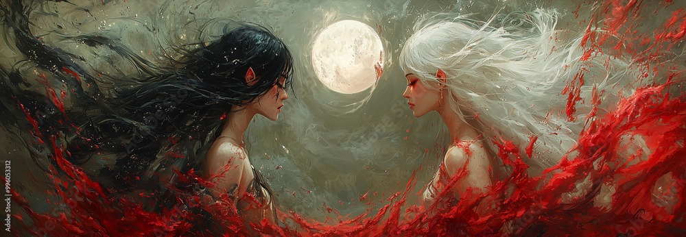 Battle scene between two female demon soldiers, in an anime style ...