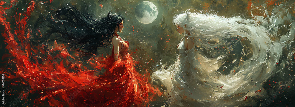 Battle scene between two female demon soldiers, in an anime style ...