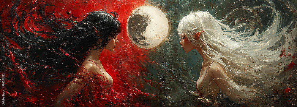 Battle scene between two female demon soldiers, in an anime style ...