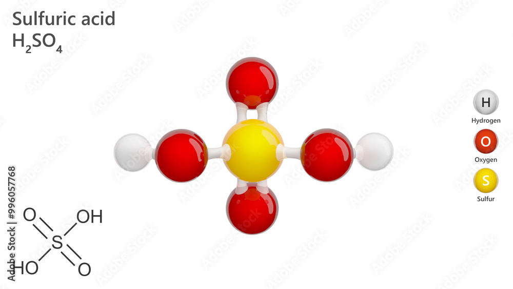Chemical structure and 3d model of sulfuric acid H2SO4. Sulfuric acid ...
