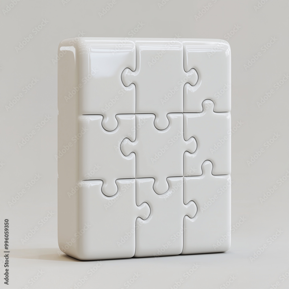 mock-up, white rectangular cube box, composed of jigsaw puzzle pieces ...