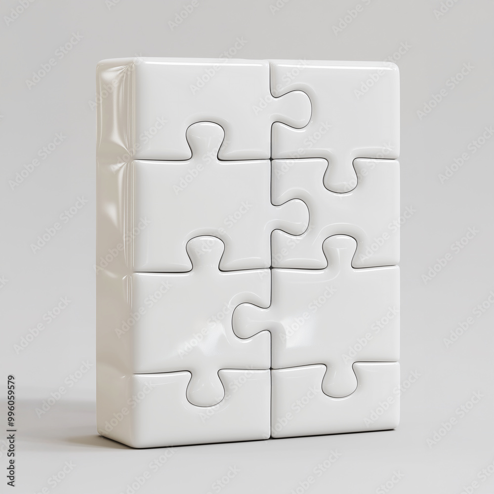 mock-up, white rectangular cube box, composed of jigsaw puzzle pieces ...