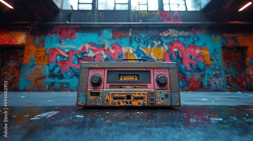 Boombox and classic music cassette player against a dark background ...