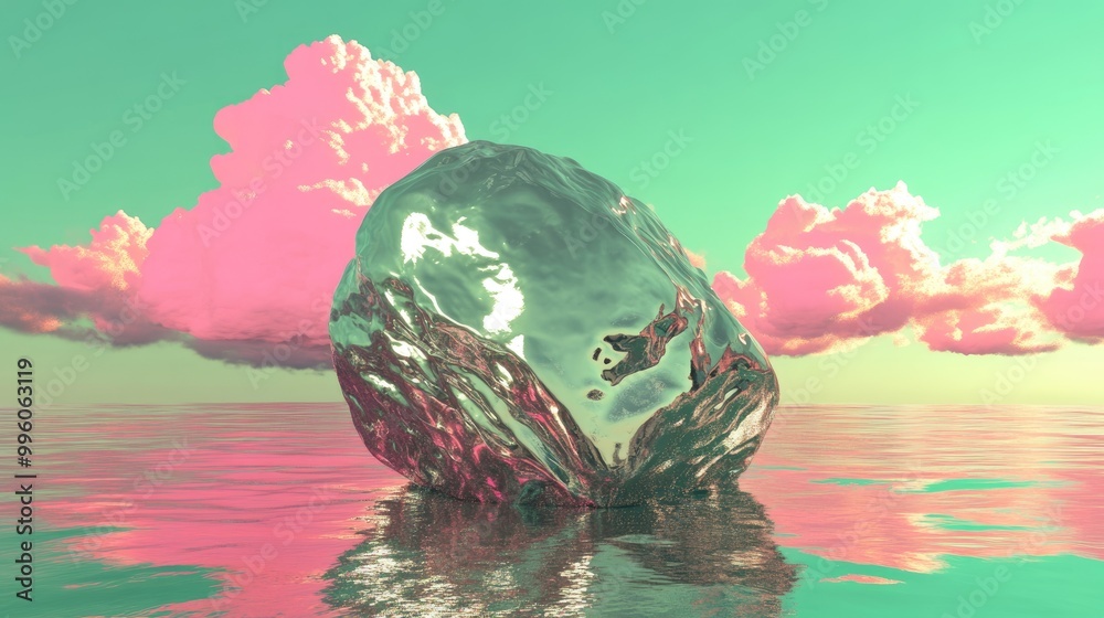 3D rendering of an abstract metallic form floating in a vibrant sea ...