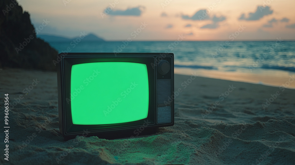 3d panorama classical old green screen tv monitor on the beach, sea ...